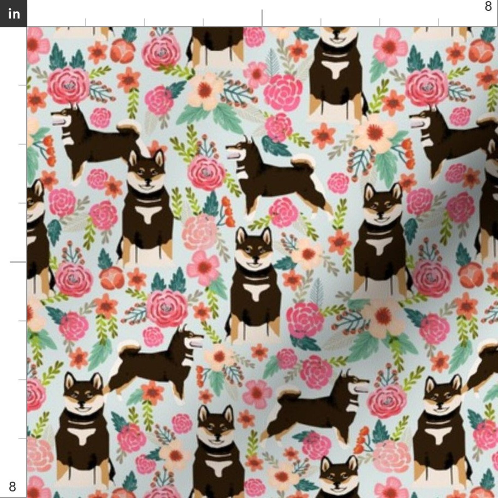 Tricolor Shiba Fabric Shiba Inu Dog Flowers Florals by | Etsy
