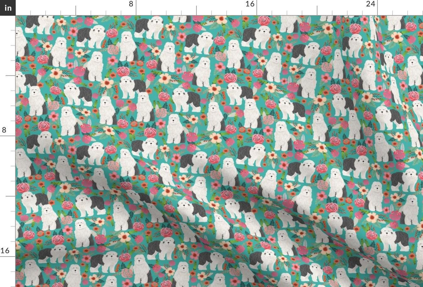 Sheepdog Fabric - Old English Sheepdog Florals Flowers Teal by ...