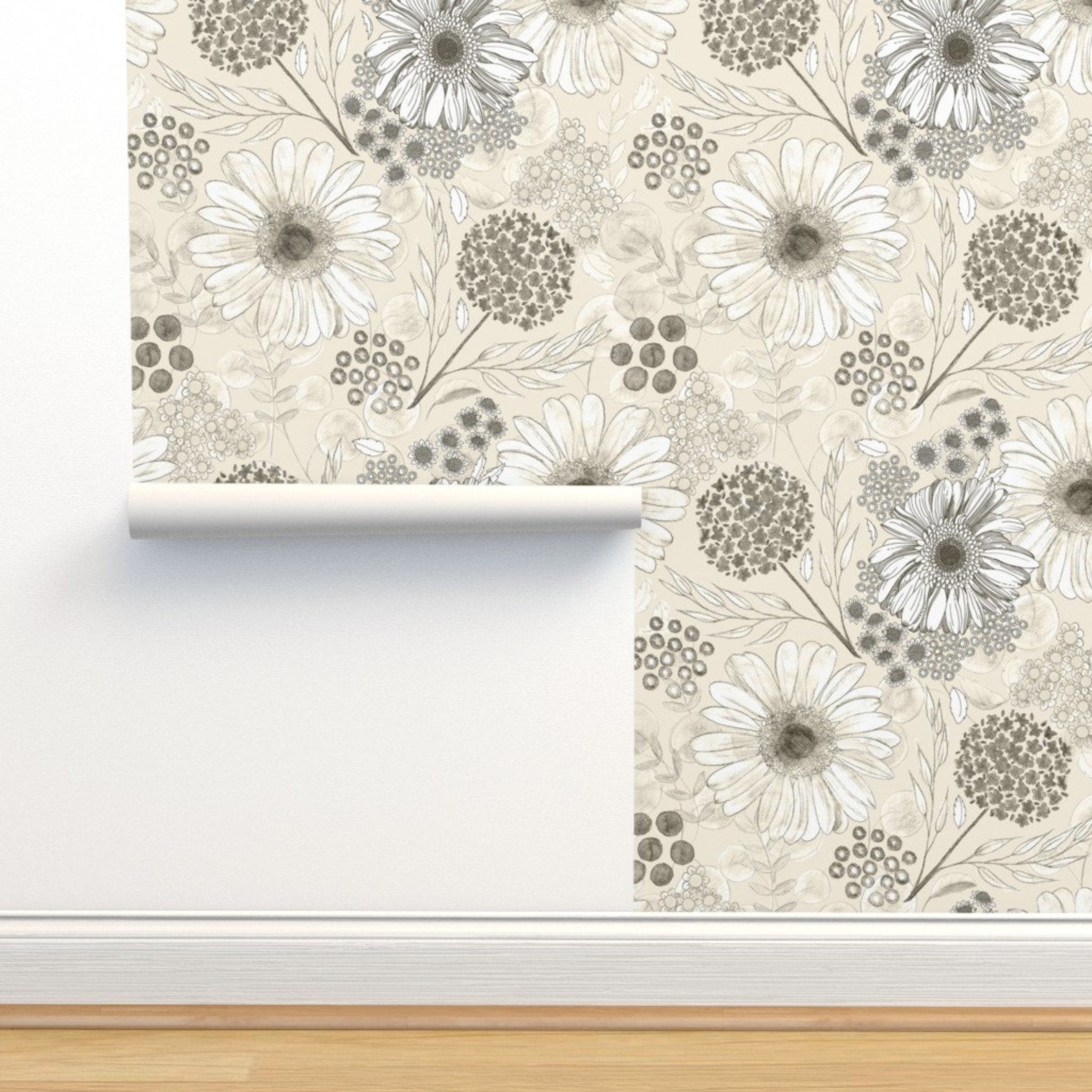 Neutral Floral Wallpaper Handdrawn-flowers-earth-tones by - Etsy