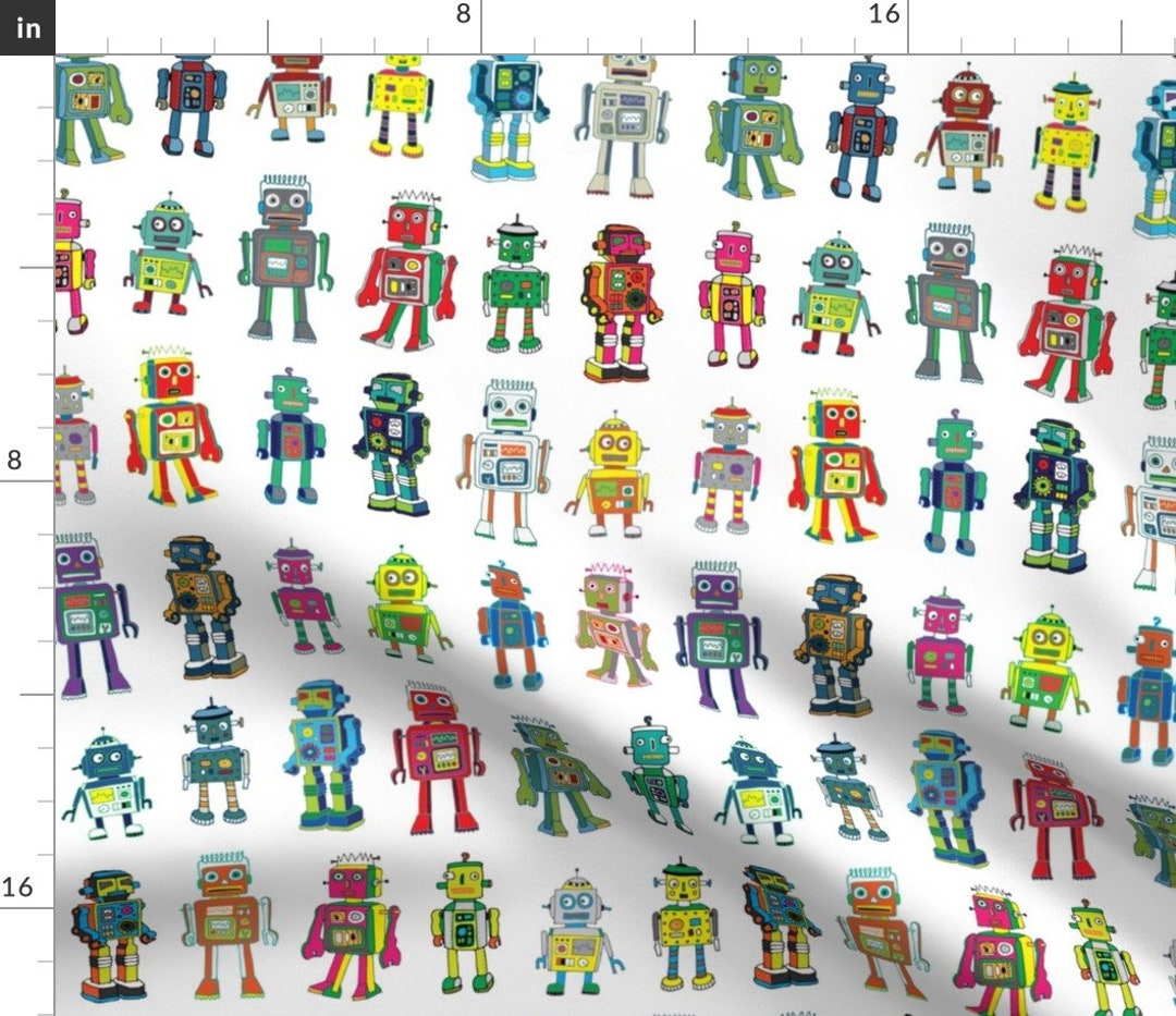 Robots Fabric Robot Line-up on White by Cecca Robot Sci-fi Retro ...