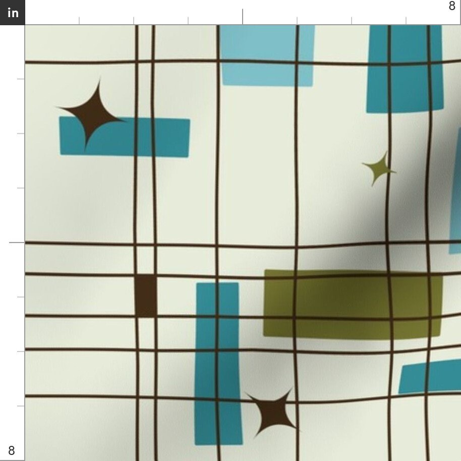50s Fabric Mid-century Modern Grid Stars teal by - Etsy