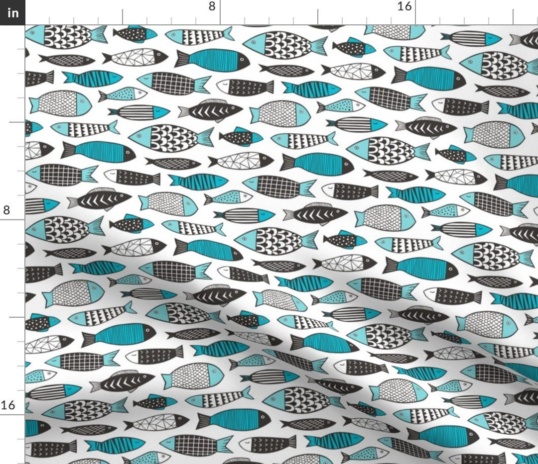 Fish Fabric Geometric Black White Aqua Blue by Caja Design Nautical ...