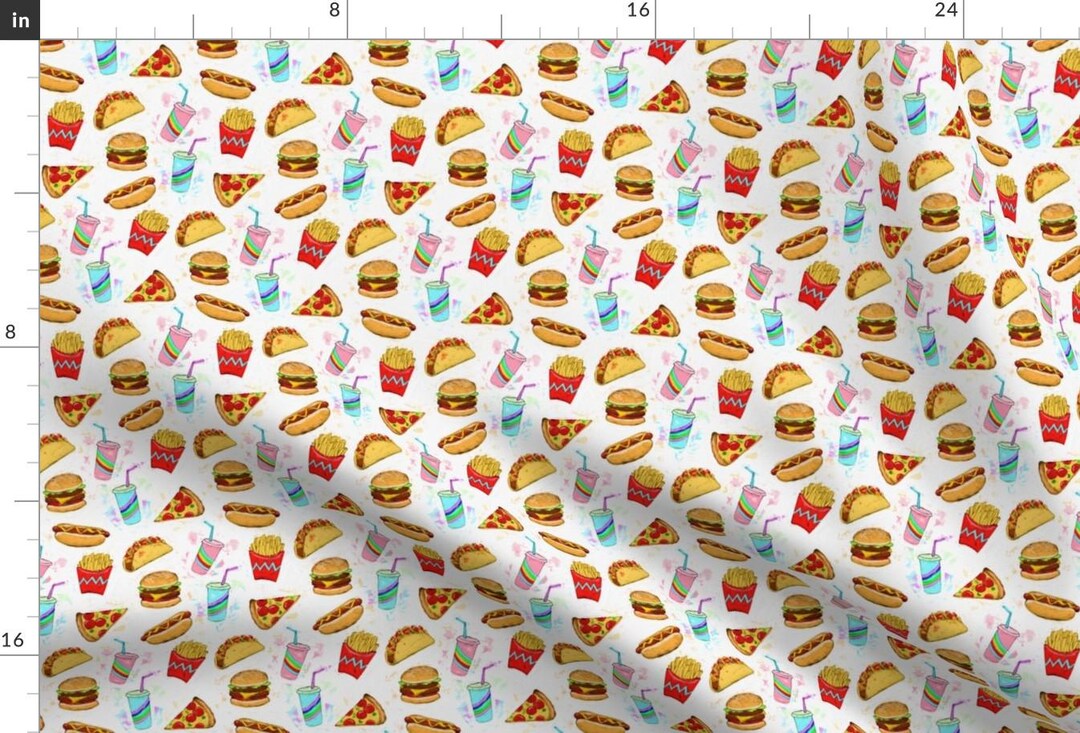 Fast Food Fabric - Painted Fast Food on off White by Micklyn - Fast ...