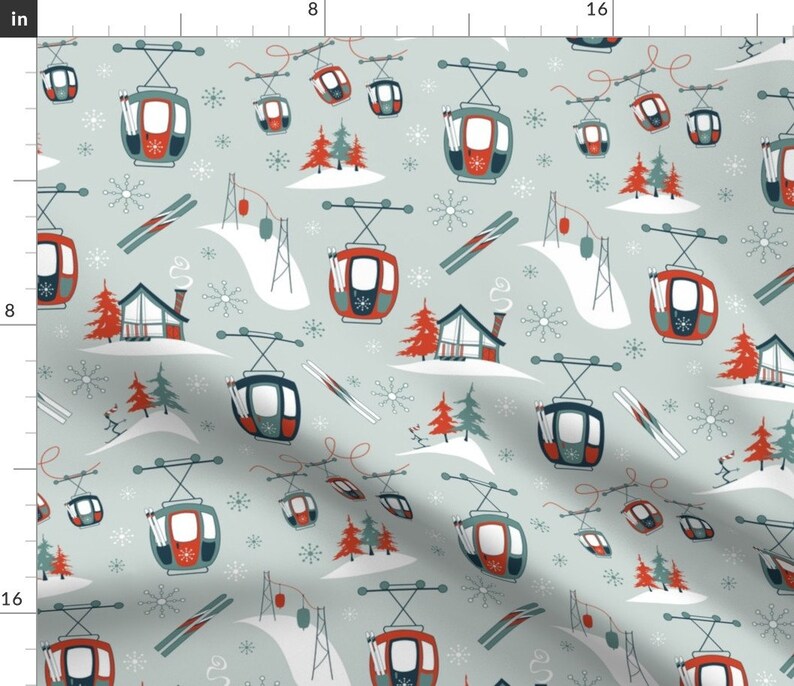 Retro Ski Mountain Fabric Vintage Ski Gondolas classic by | Etsy