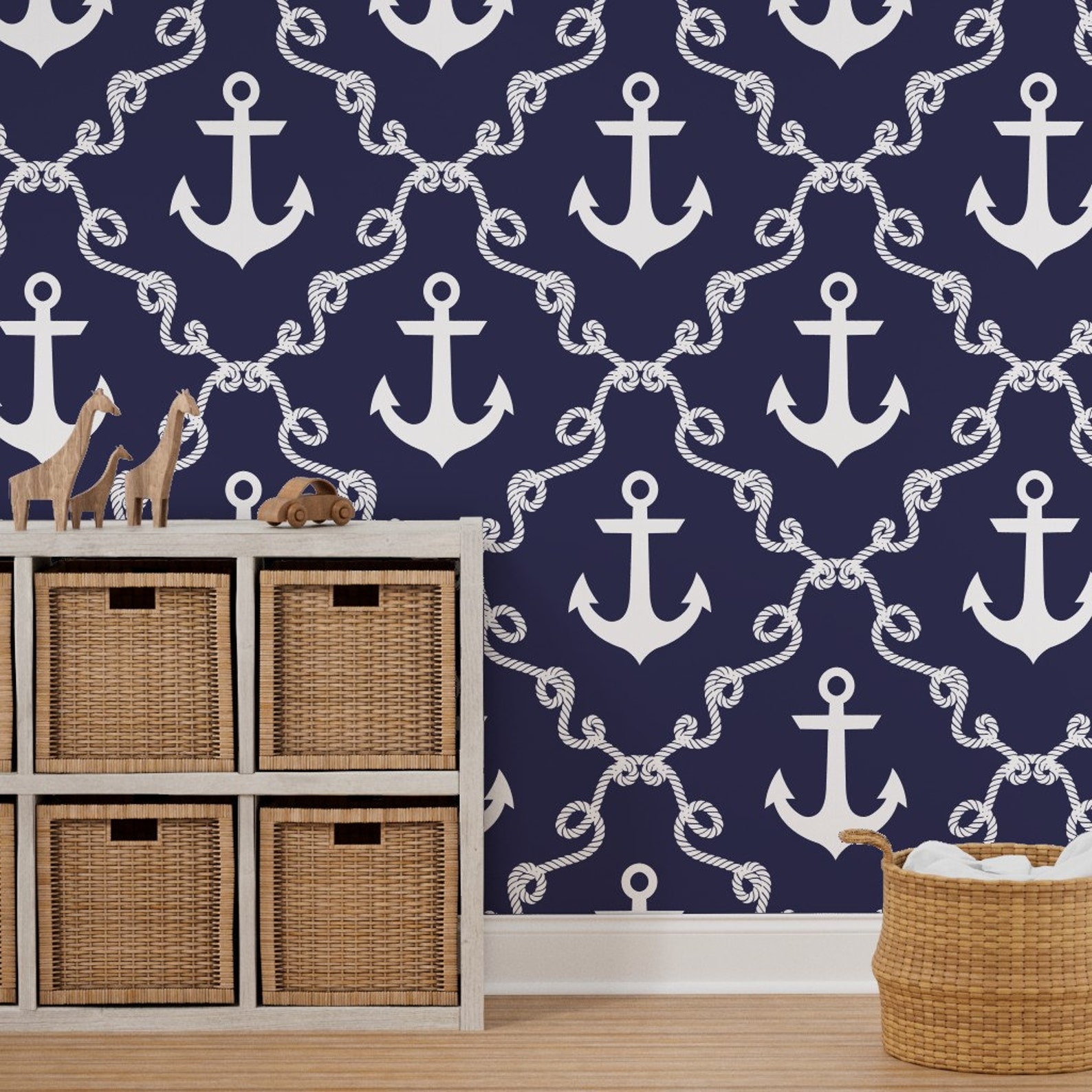 Nautical Anchors Wallpaper Anchor Damask Navy by Mjmstudio - Etsy