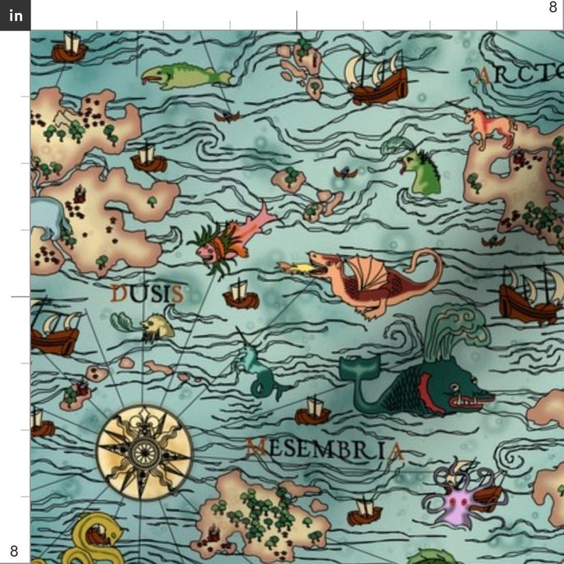 Ancient Sea Monsters Map Fabric Map Monsters Ancient Blue - Etsy Hong Kong