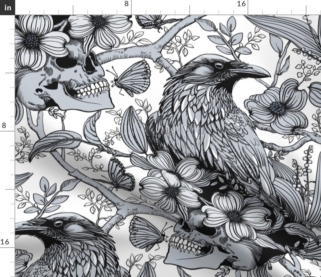 Gothic Skulls Fabric Skulls and Ravens by Boszorka Raven Floral Dogwood ...