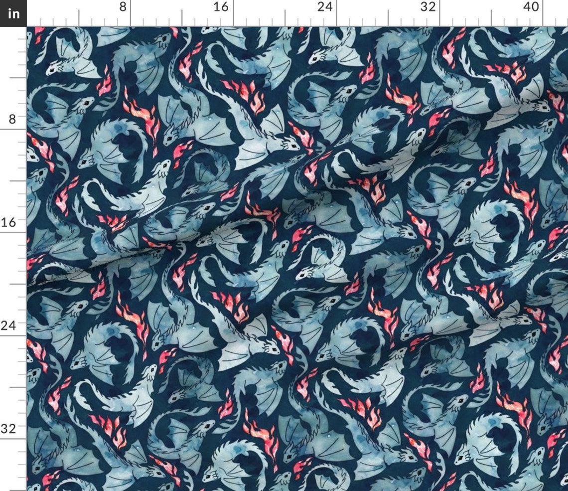 Blue Flying Dragons Fire Fabric Dragon Fire Dark Blue by - Etsy