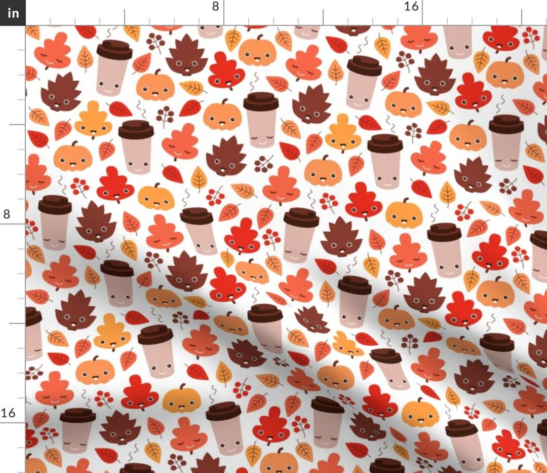 Fall Coffee Fabric Kawaii Autumn Leaves and Pumpkin Spice Latte Love by ...