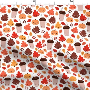 Fall Coffee Fabric Kawaii Autumn Leaves and Pumpkin Spice Latte Love by ...