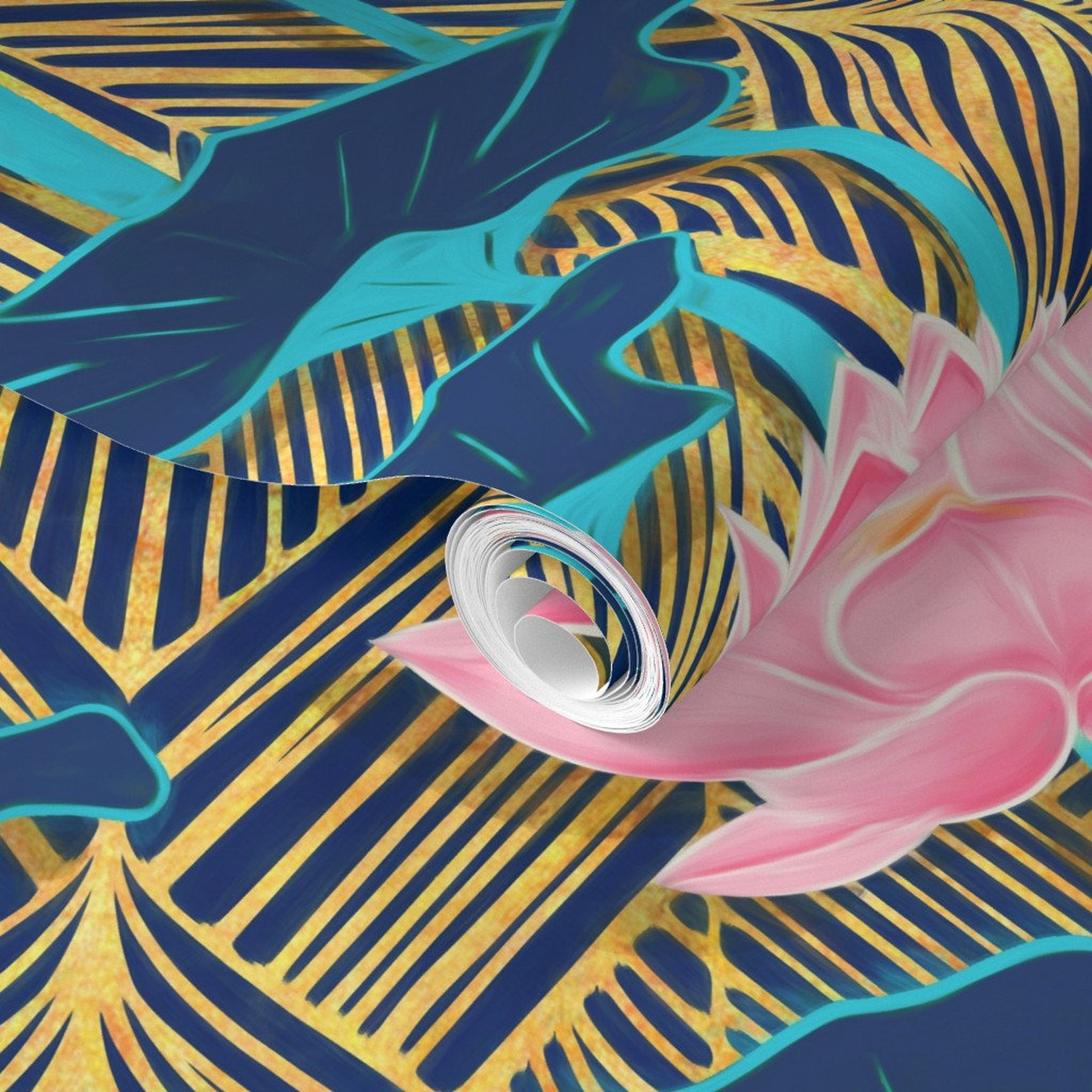 Art Deco Wallpaper Art Deco Lotus Flower in Pink Navy by - Etsy
