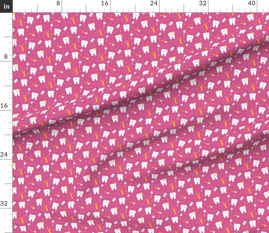 Tooth Fabric Happy Teeth Friends Dark Pink by Clayvision | Etsy
