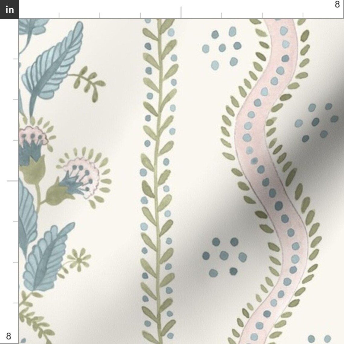 Traditional Floral Fabric Sage and Blue on Cream by - Etsy