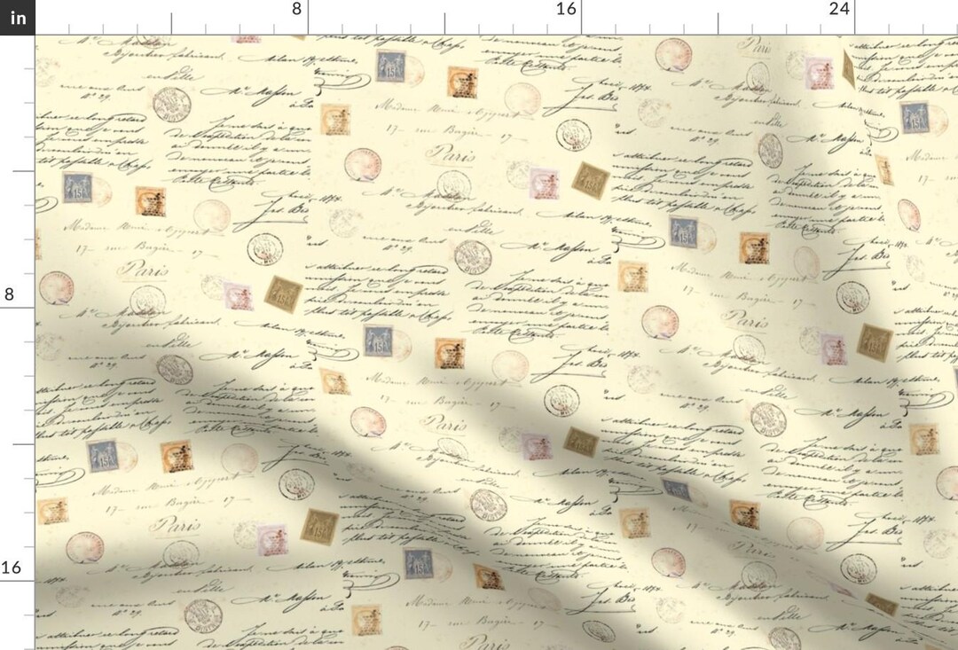 Vintage Postage Fabric - Paris Letter Post Card Stamp Hand Written ...