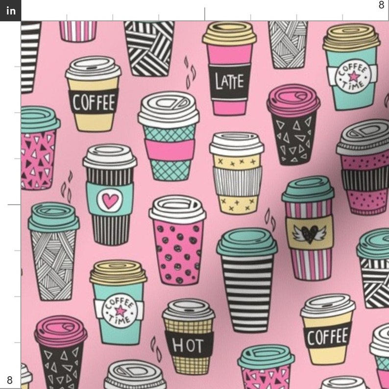 Coffee Cups on Pink Fabric Coffee Latte Black White Pink - Etsy