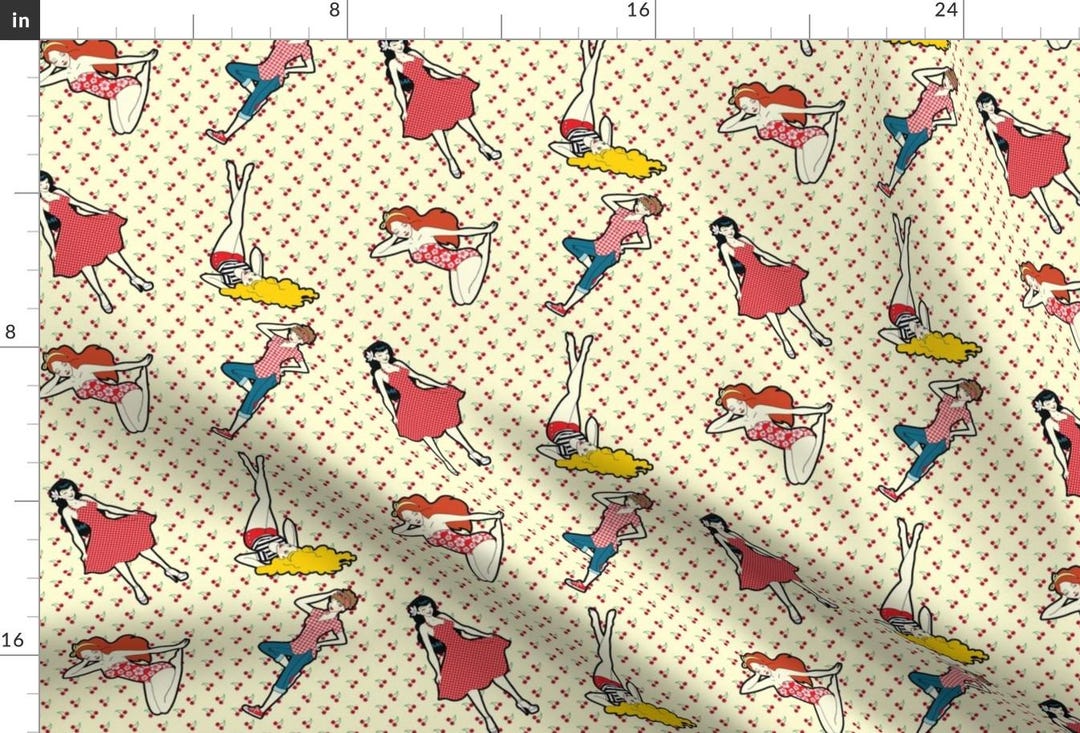Pin Up Girl Fabric Retro Pinup Girls With Cherry Backdrop On Cream By 8712