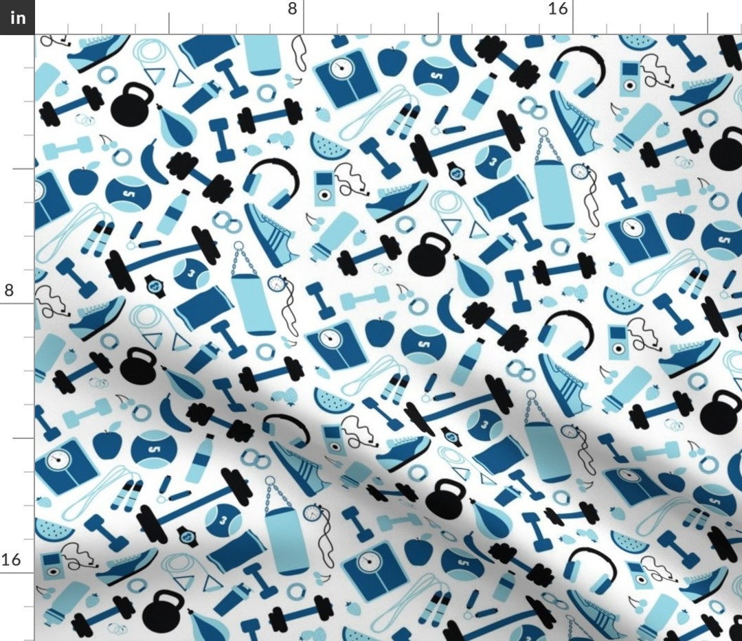 Blue Gym Equipment Fabric Time to Hit the Gym by Vintage Style Gym Blue ...