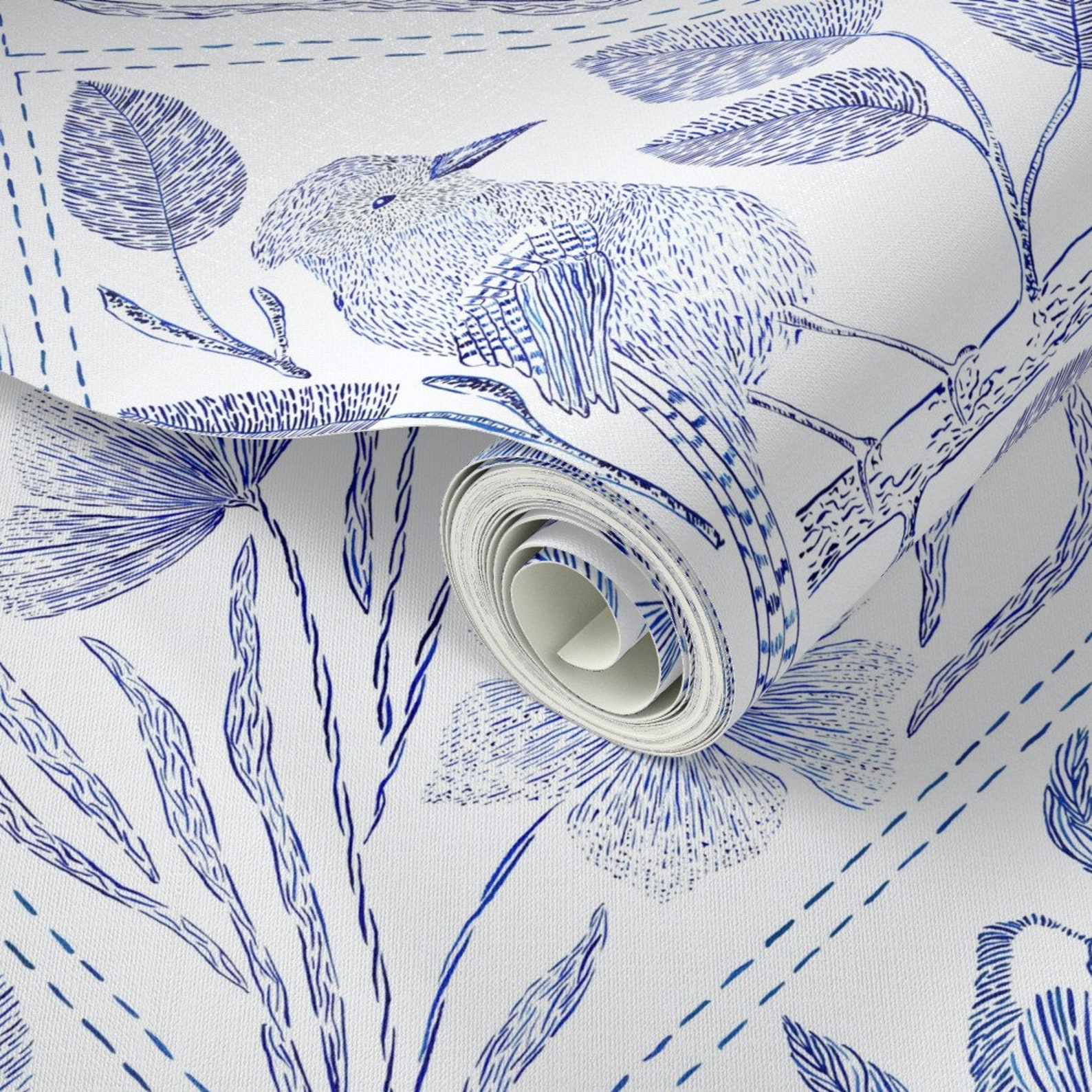 Botanical Toile Wallpaper Blue Florals and Bird Toile by - Etsy