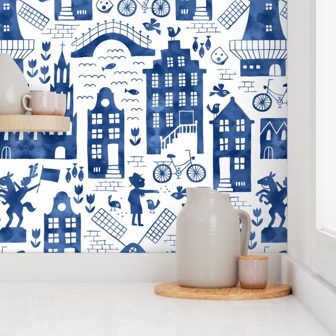 Watercolor Wallpaper Holland Blue Large by Heleen Vd - Etsy