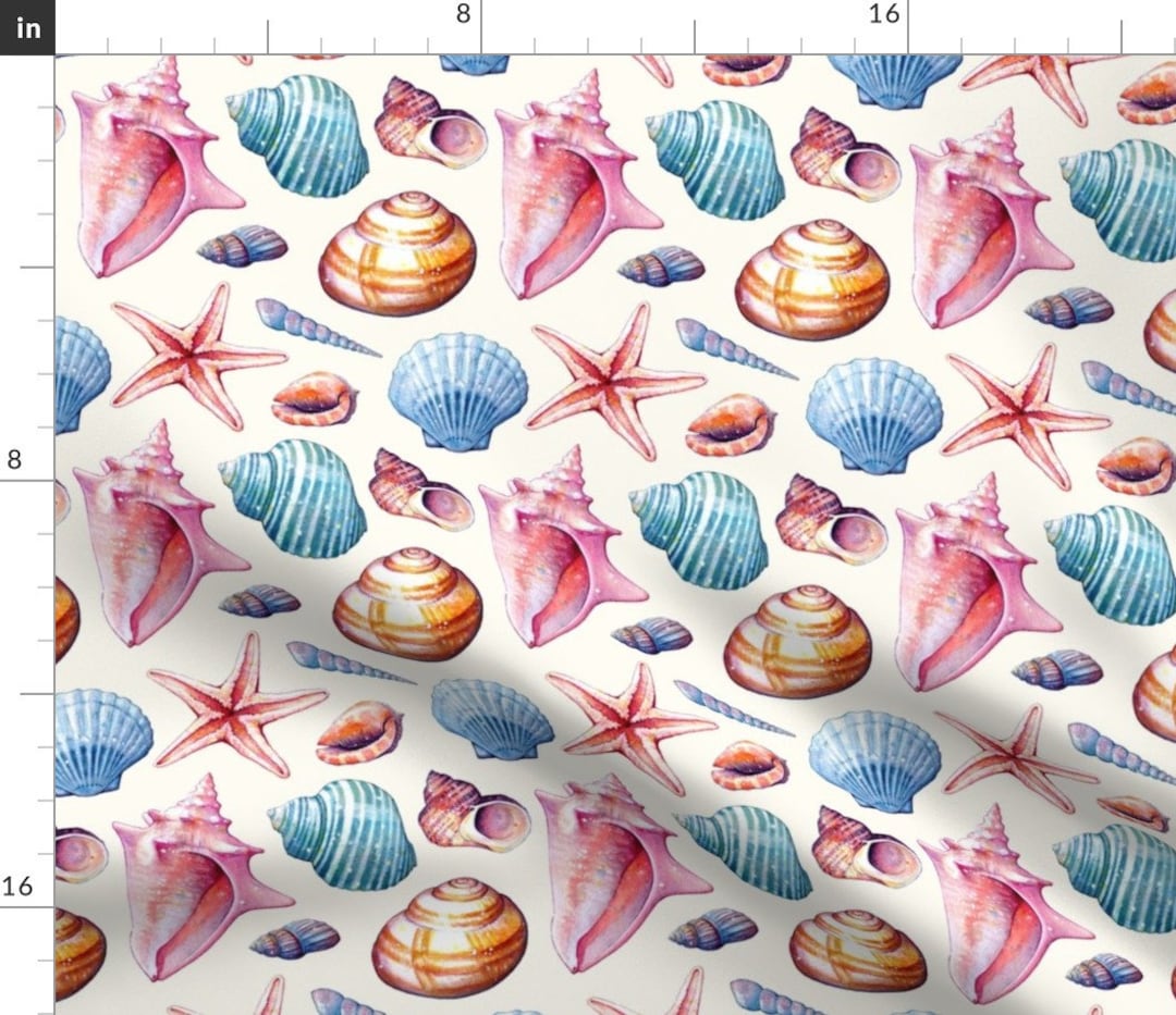 Seashells Fabric Watercolor Colorful Light on White Beach Nautical ...