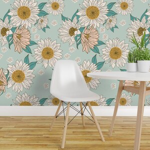 Jumbo Sunflower Wallpaper - Boho Sunflowers by Indybloomdesign - Aqua ...