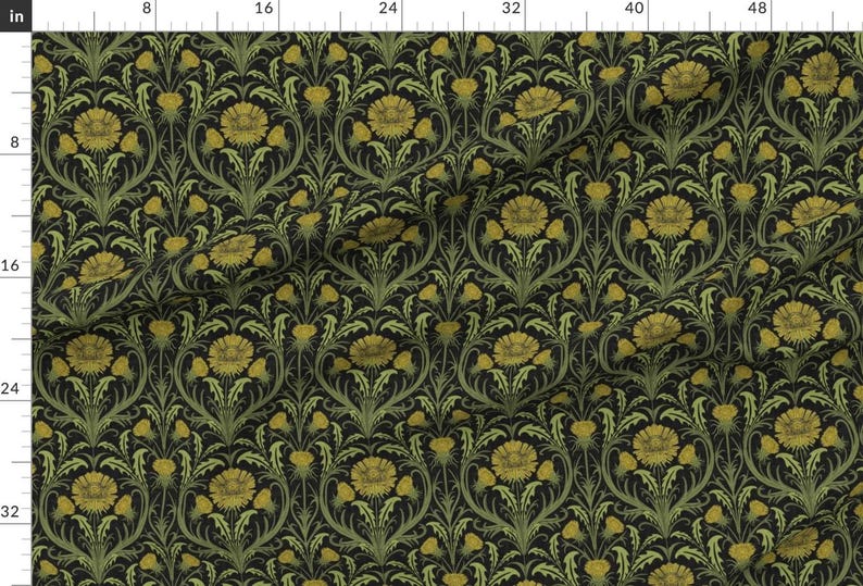 Yellow Floral Fabric - Dandelion Damask on Black by Marjorie_howe ...
