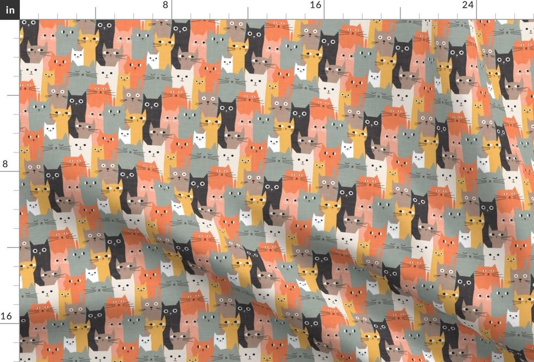Kitty Fabric - Silly Cats Small Scale by Kimsa - Orange Gray Brown Pets ...