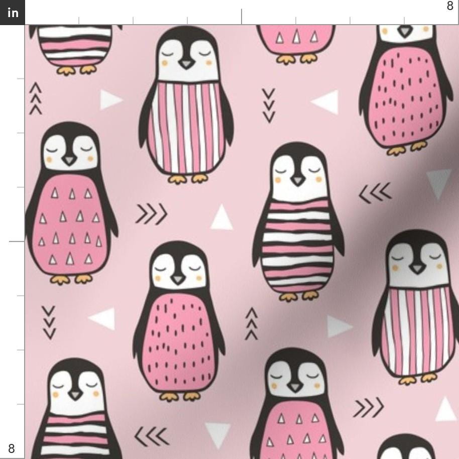 Pin Penguin Fabric - Penguins With Geometric and Triangles Pink by Caja ...