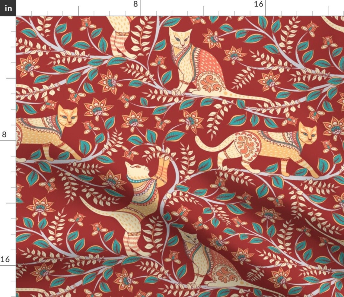 Cats Red Floral Illustration Fabric Cats Kalamkari. by - Etsy