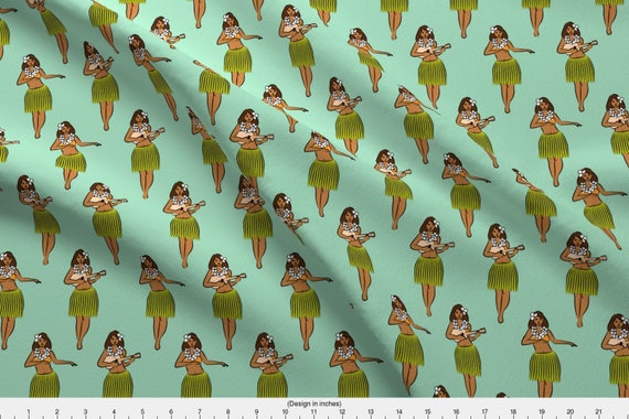 Tropical Hula Girl Fabric Hula Girl On Seafoam By | Etsy