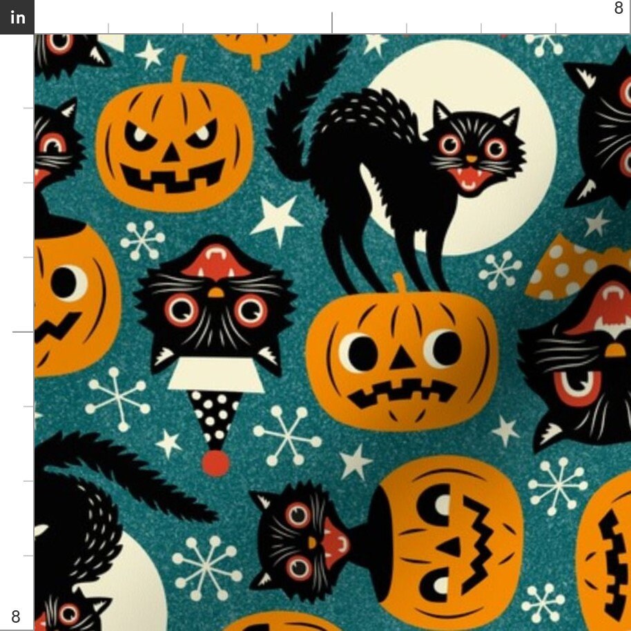 Retro Halloween Fabric Spooky Vintage Cats and Pumpkins by - Etsy