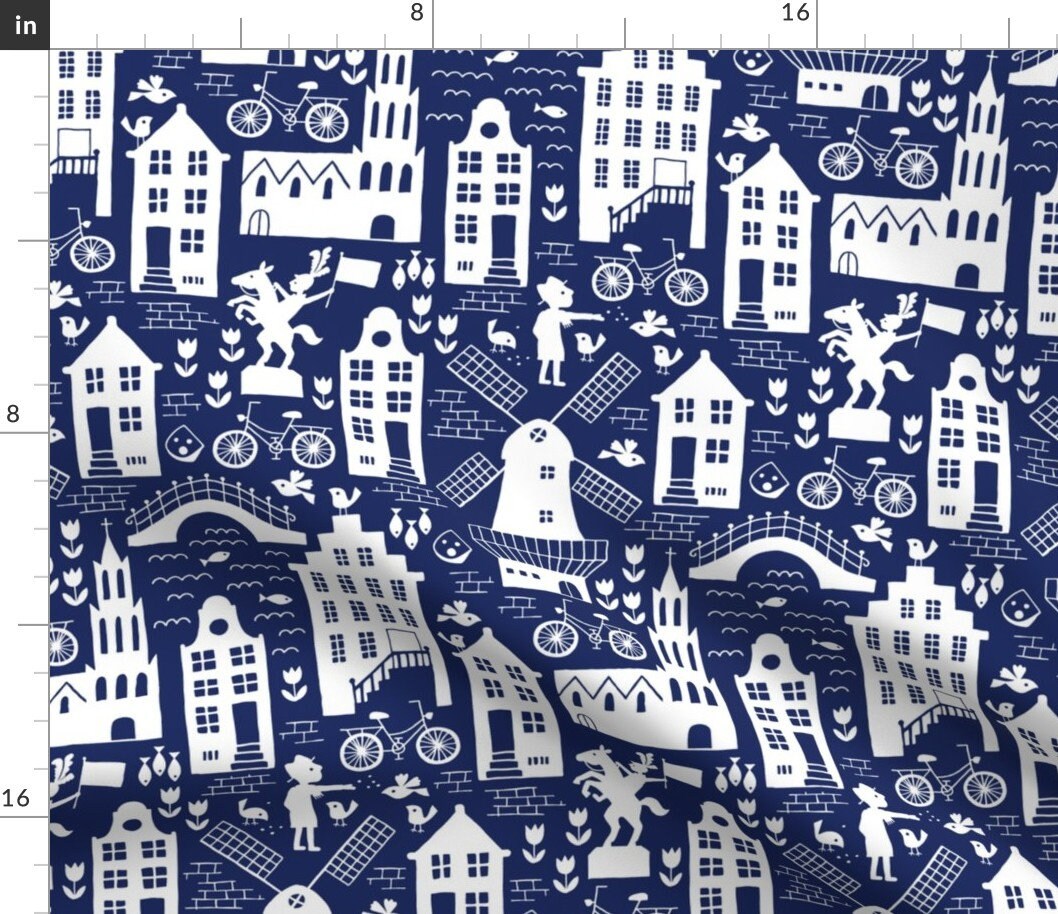 Holland Village Blue Fabric Holland On Solid Dark Blue By | Etsy