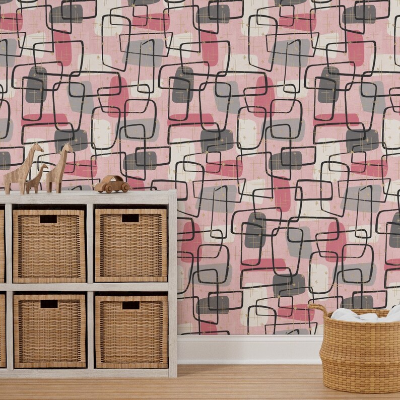 Mid-century Wallpaper Atomic Mcm Grid in Pink Parlor by - Etsy