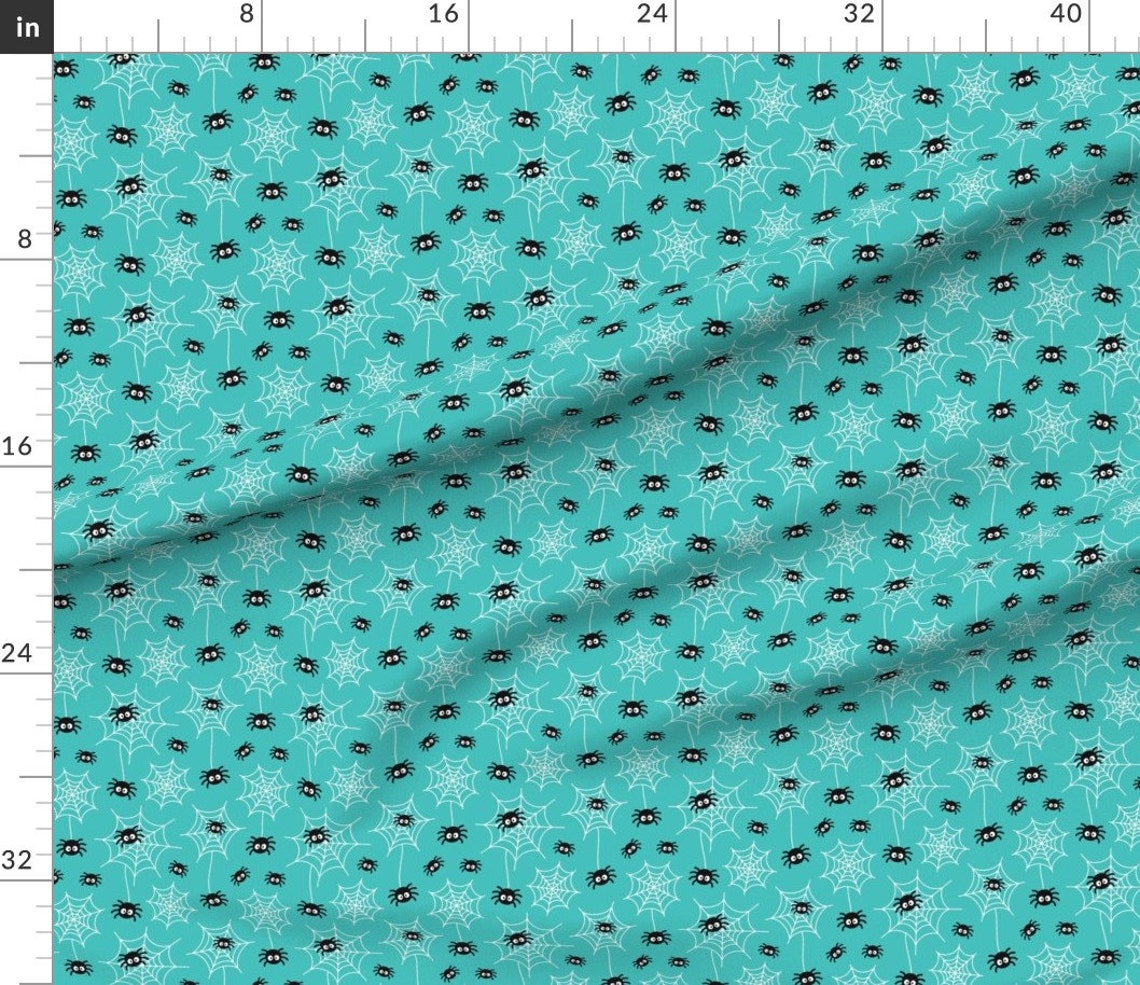 Spiders Fabric Spiders and Webs on Teal Blue Halloween by - Etsy