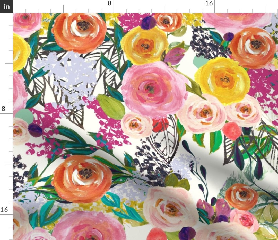 Bold Watercolor Floral Fabric Autumn Blooms Extra Large Ivory by ...