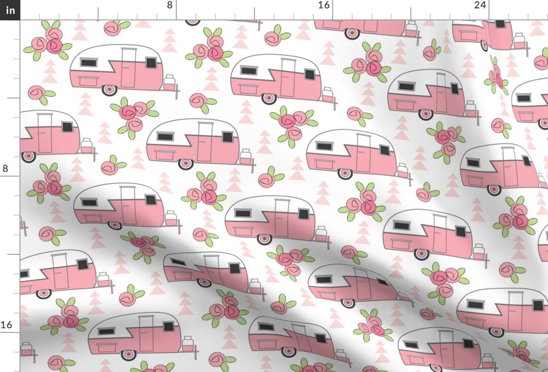 Pink Camper Fabric Large Pink Trailers With Rosebuds on White by ...