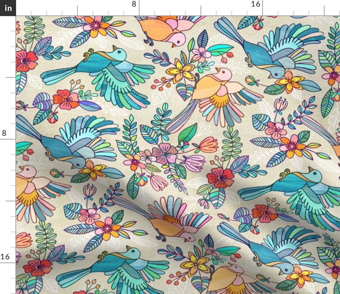 Birds and Flowers Fabric Whimsical Summer Flight Rotated by | Etsy