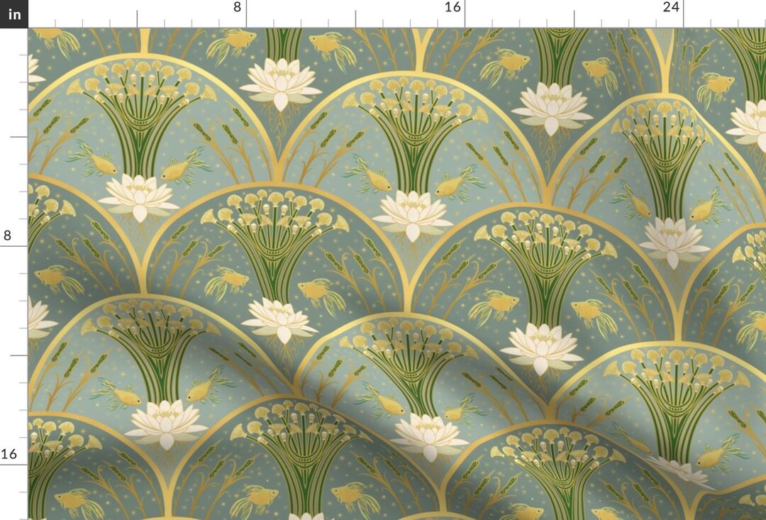 Art Nouveau Fabric - Goldfish Pond by Marjorie_howe - Lotus Lily Flower ...
