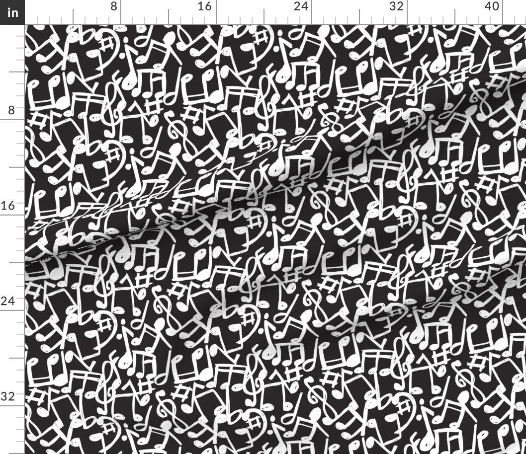 Song Fabric Music Eighth Notes Treble Bass White on Black | Etsy