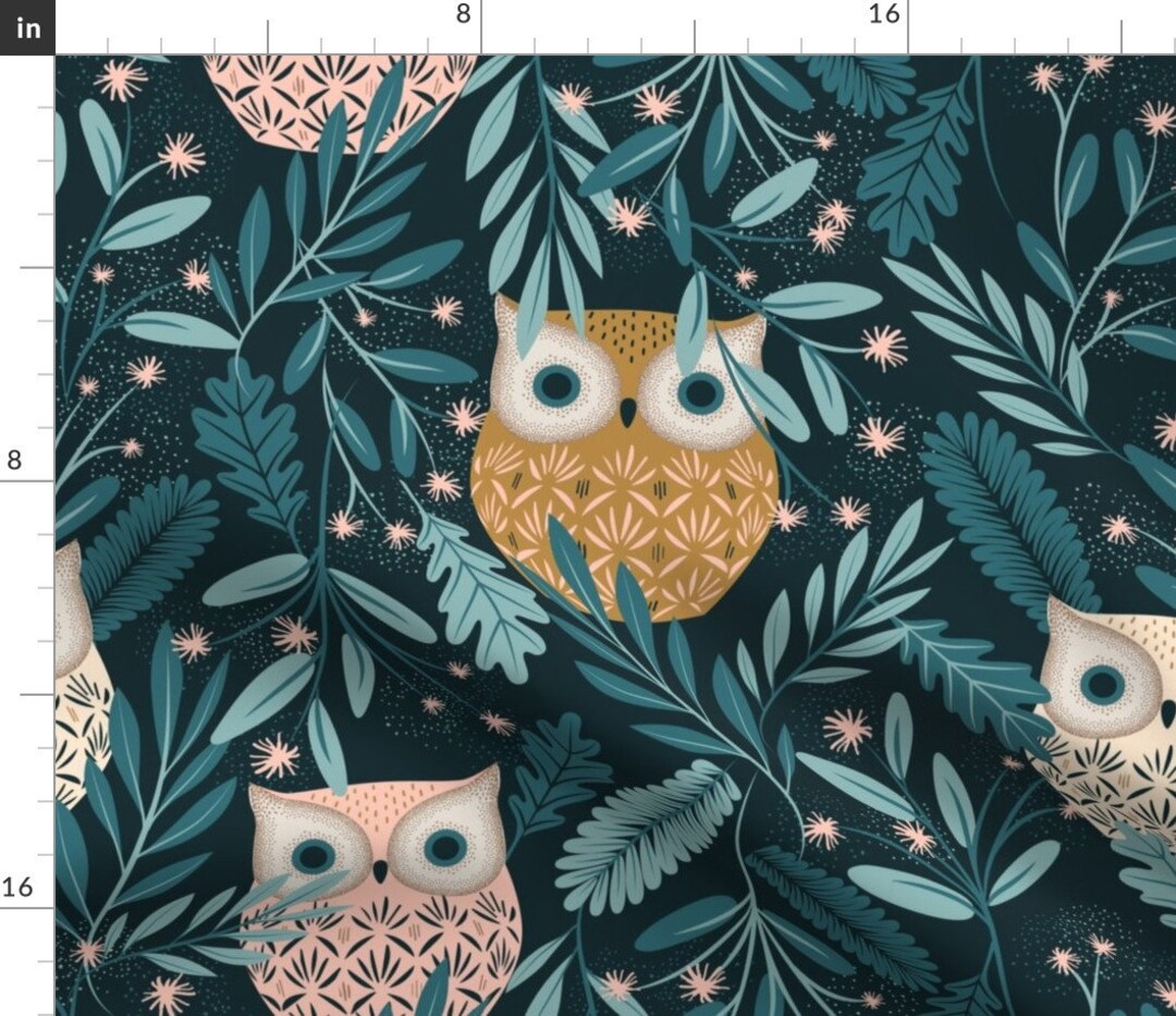 Nocturnal Animals Fabric Nocturnal Animals by Garabateo Teal Owl Birds ...