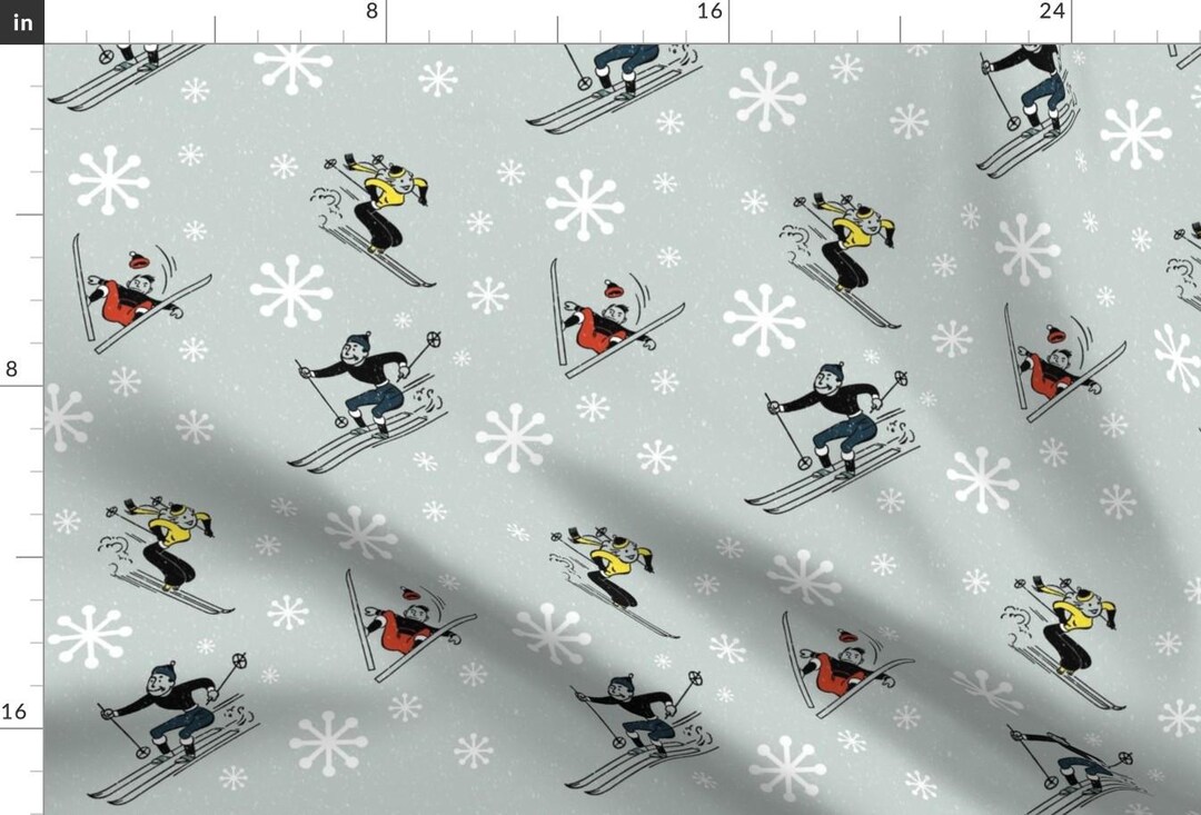 Retro Fabric - Skiing Winter Snow Ice Alpine 50s Throwback Cross ...