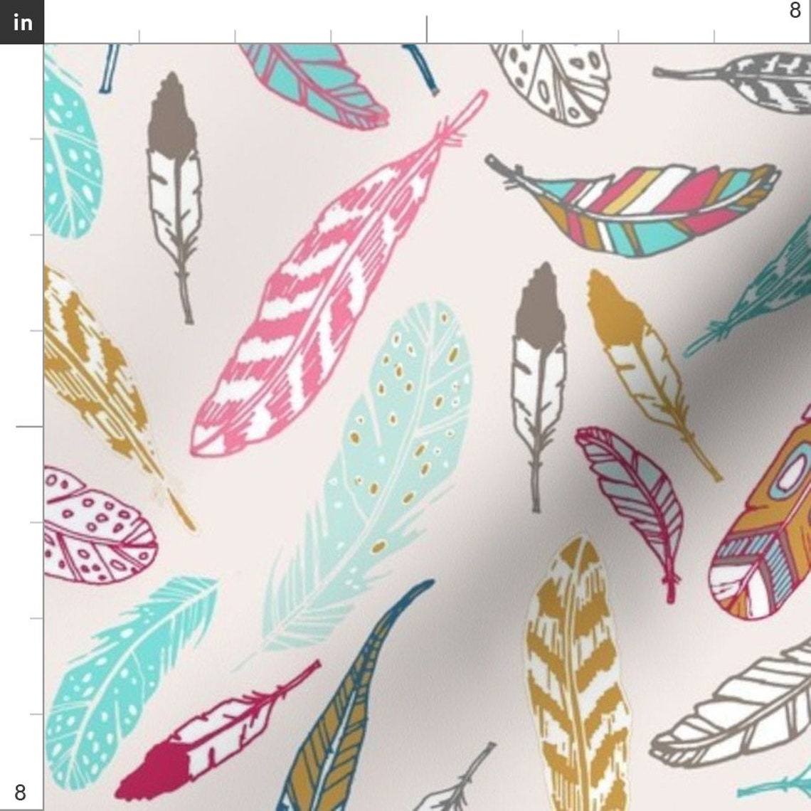 Feathers Fabric Gypsy Feathers aqua Custom Fabric by | Etsy