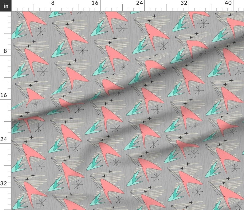 Retro Mod Fabric Atomic Boomerangs Salmon Green Grey by | Etsy