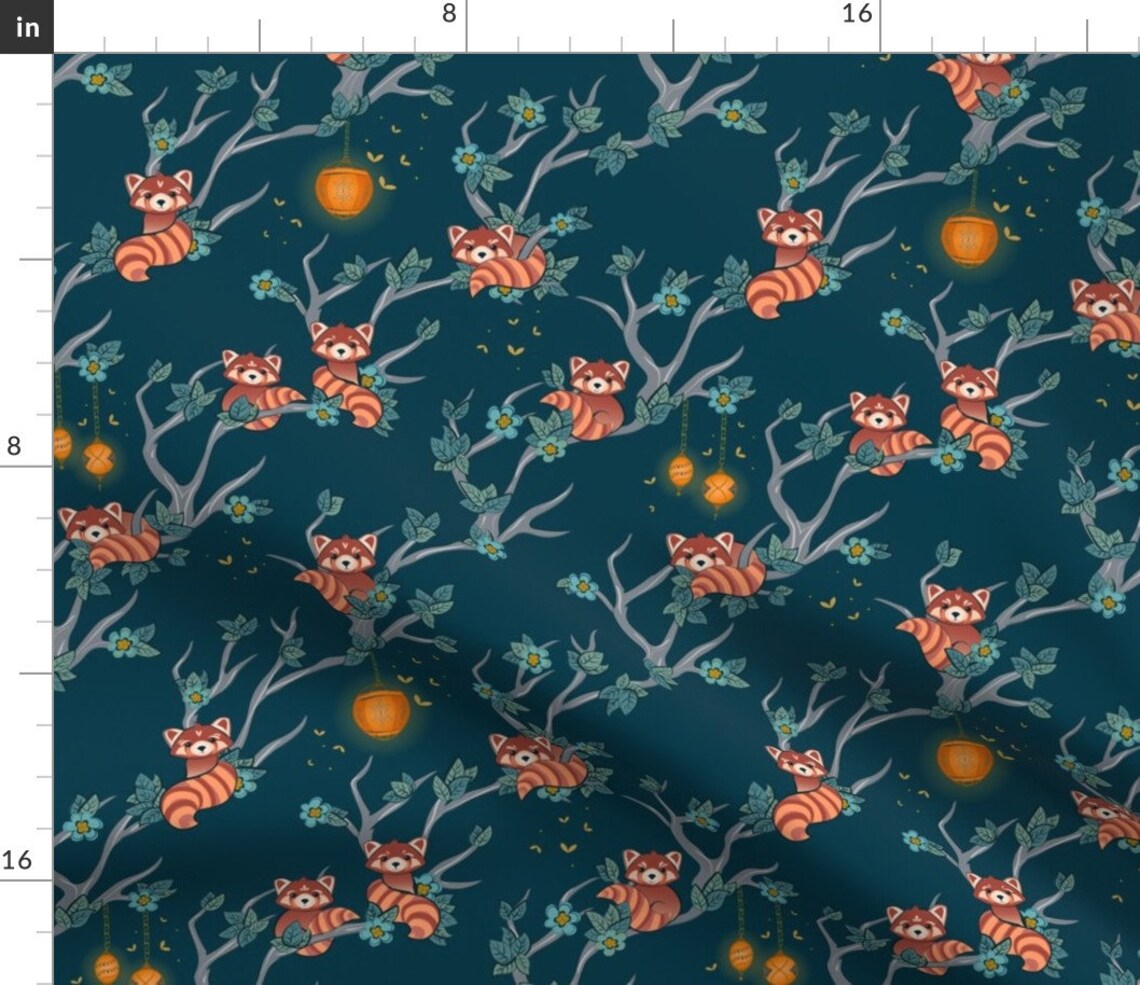 Red Panda Fabric Red Pandas At Night By Jennifer Todd Red | Etsy