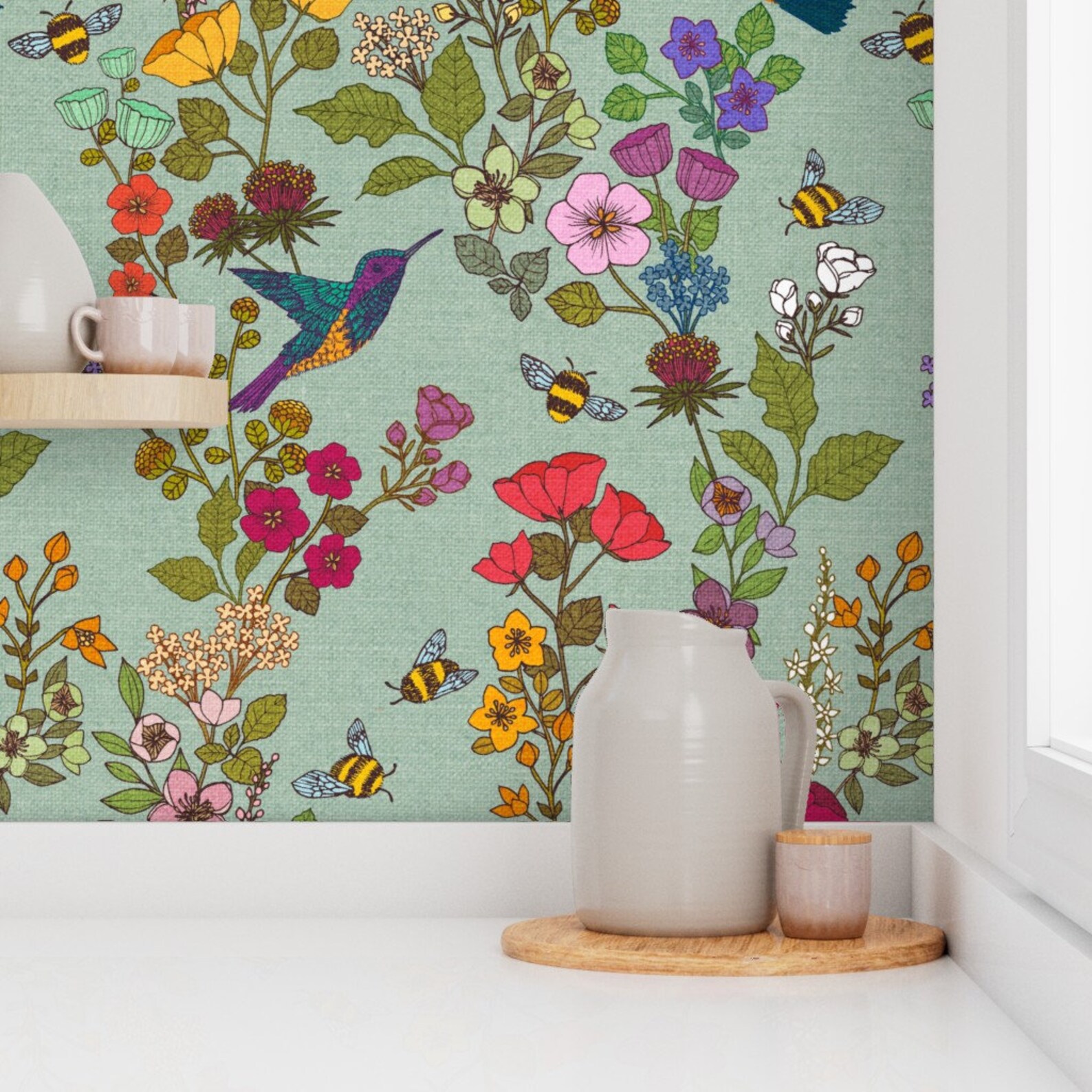 Pollinators Wallpaper Hummingbirds and Bees by Ceciliamok - Etsy