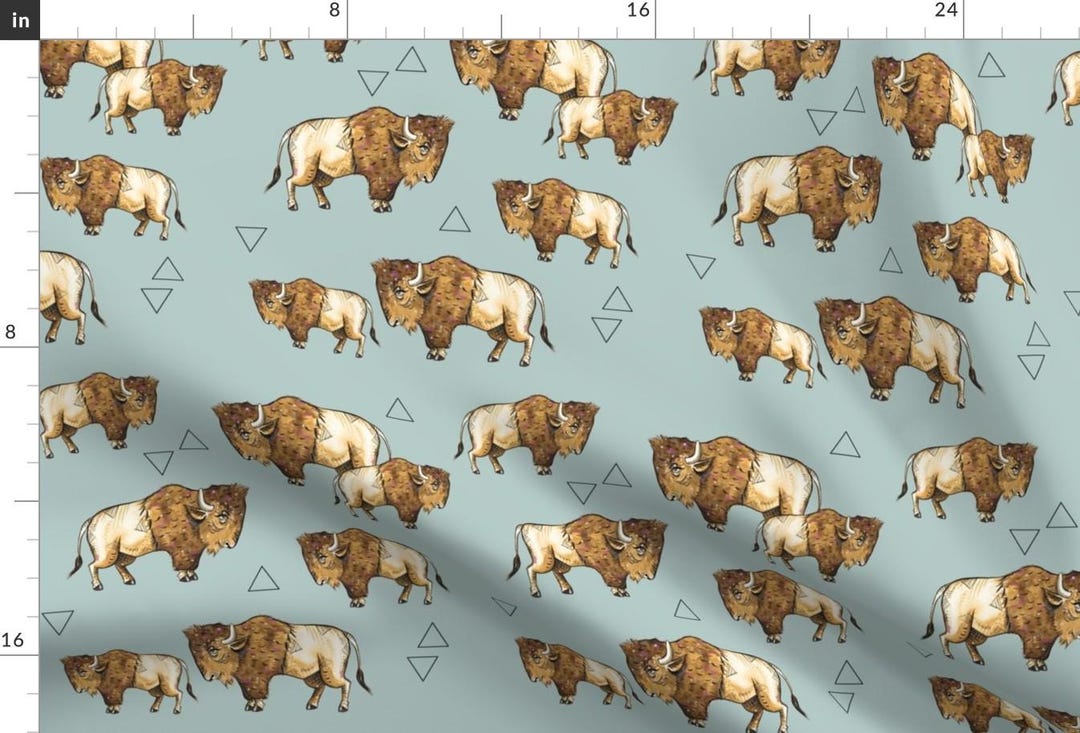 Watercolor Buffalo Fabric - Buffalo + Triangles on Blue by Taraput ...
