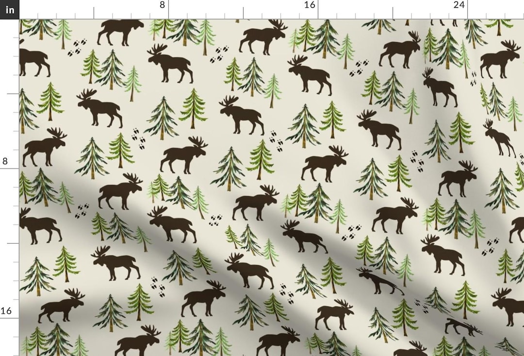 Moose Fabric - Forest Moose Tracks - Woodland Pine Trees - Large Scale ...