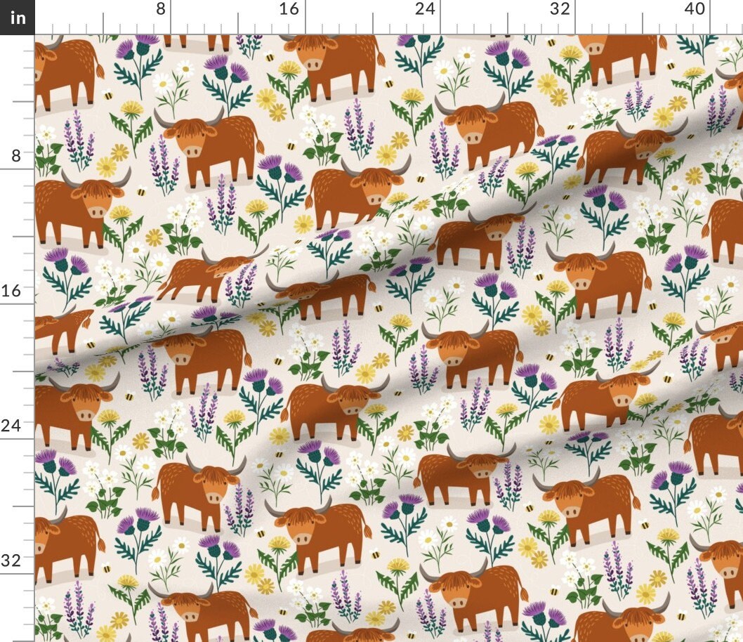 Floral Highland Cattle Fabric the Highlands by Laura May - Etsy