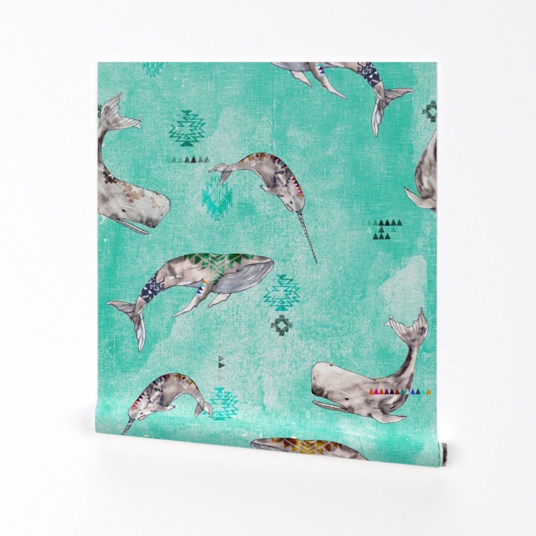 Boho Whale Wallpaper whale Tribe Small Aqua by Nouveau - Etsy