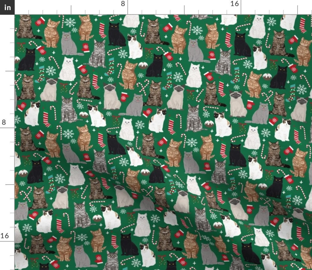 Holiday Cat Fabric Cat Christmas Fabric Cat Lady Xmas Candy Cane ...